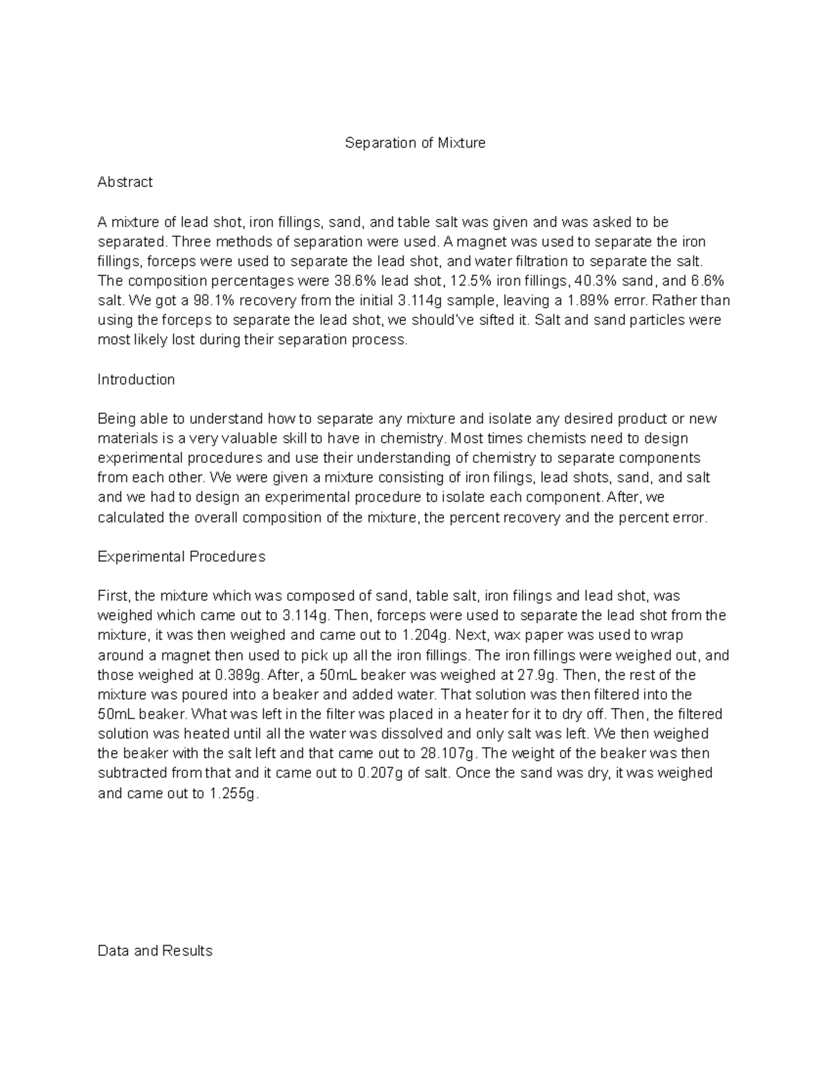 Separation Techniques for Mixtures in Chemistry Lab (CHEM 101) - Studocu