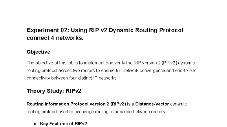 Experiment 02: Implementing RIP v2 for 4 Network Connectivity - Studocu
