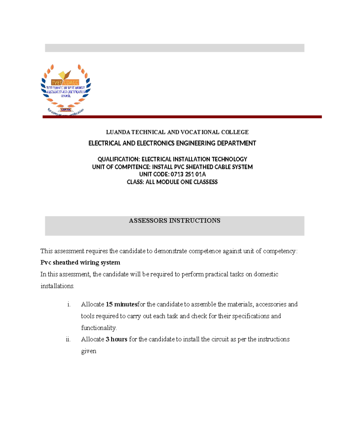 Install PVC Sheathed Cable System Practical Checklist - Unit 0713 251 ...