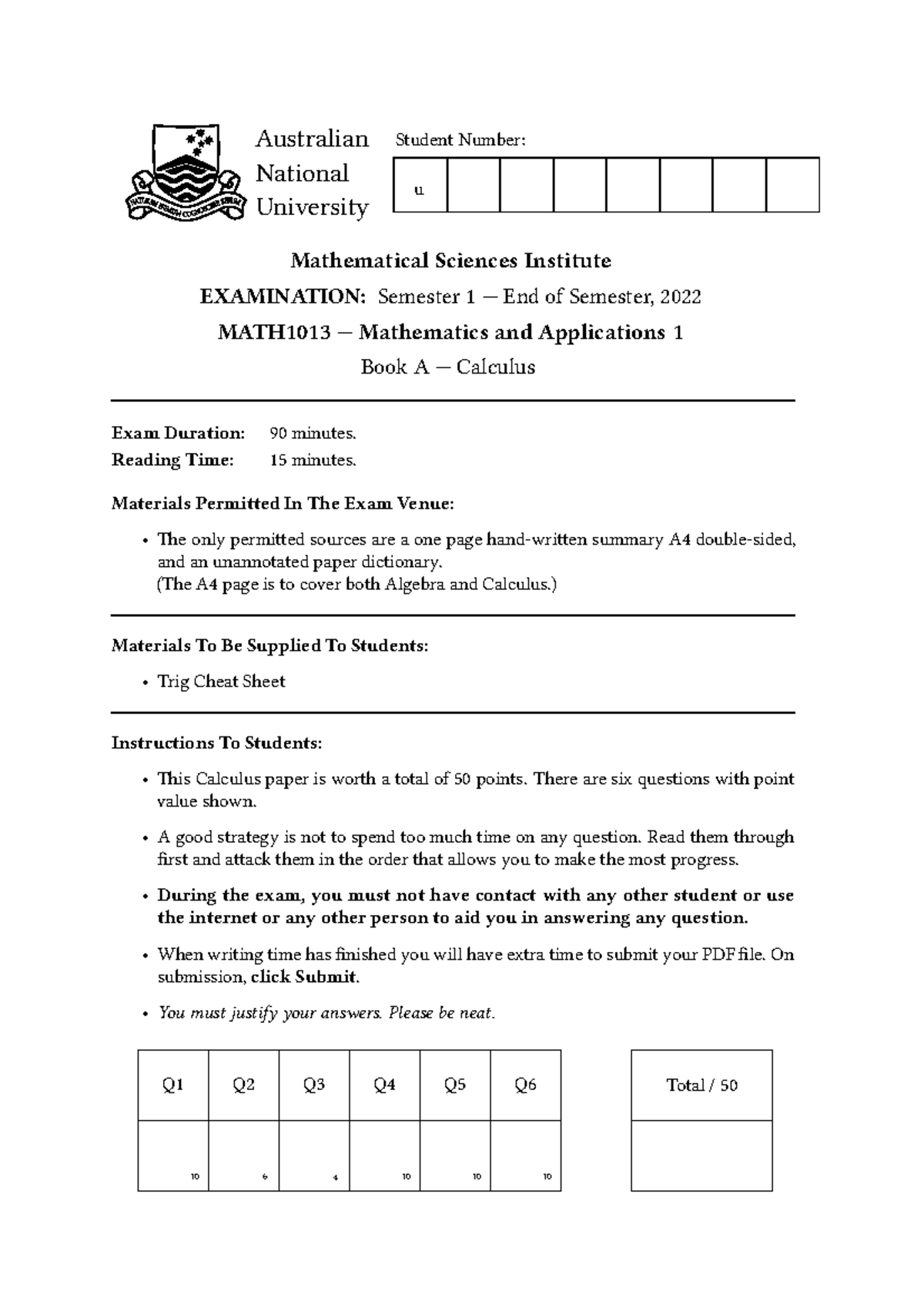 MATH1013 Final Exam 2022: Calculus Overview and Questions - Studocu