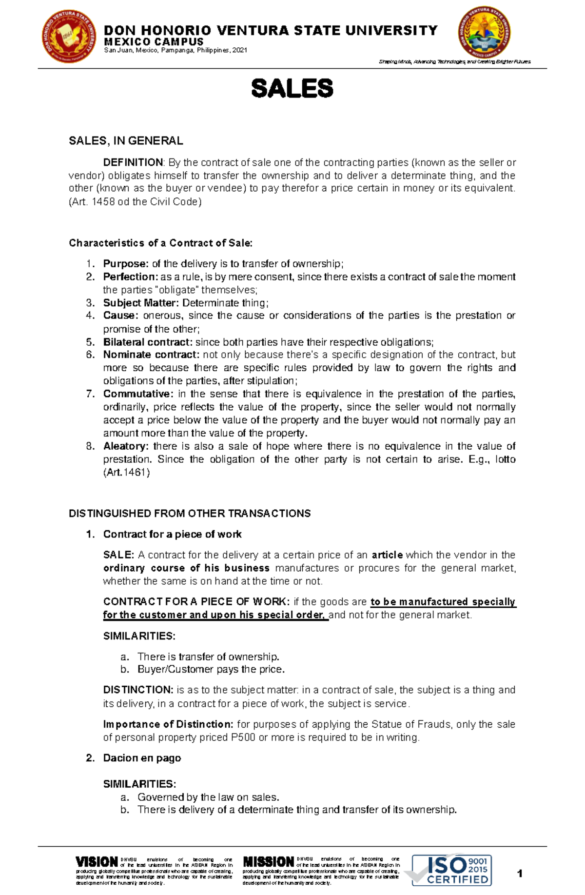 KIND OF SALE UNDER OWNERSHIP TRANSFER AND SALES LAW - DHVSU - 1 DHVSU ...