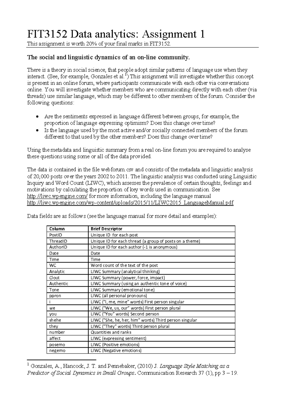 FIT3152 Assignment 01 2019 - FIT3152 Data analytics: Assignment 1 This assignment is worth 20% ...