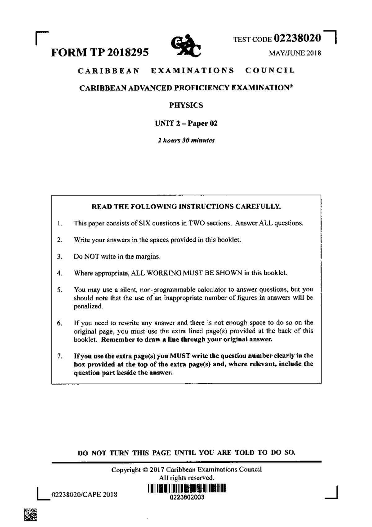 CAPE Physics 2018 Unit 2 Paper 2 - Past Exam Questions - Studocu
