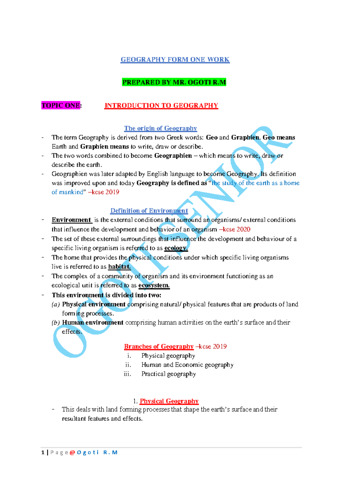 Geography Bk 1 - Ogoti Senior - Comprehensive Course Notes - Studocu