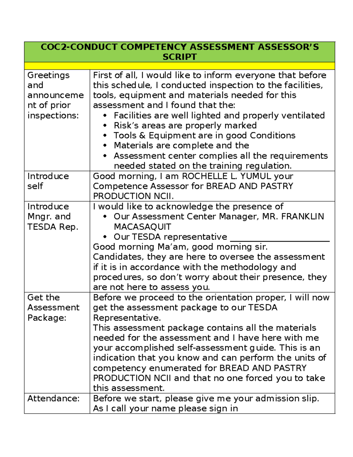 COC2 Script - Methodology for BPP NCII Competency Assessment - Studocu