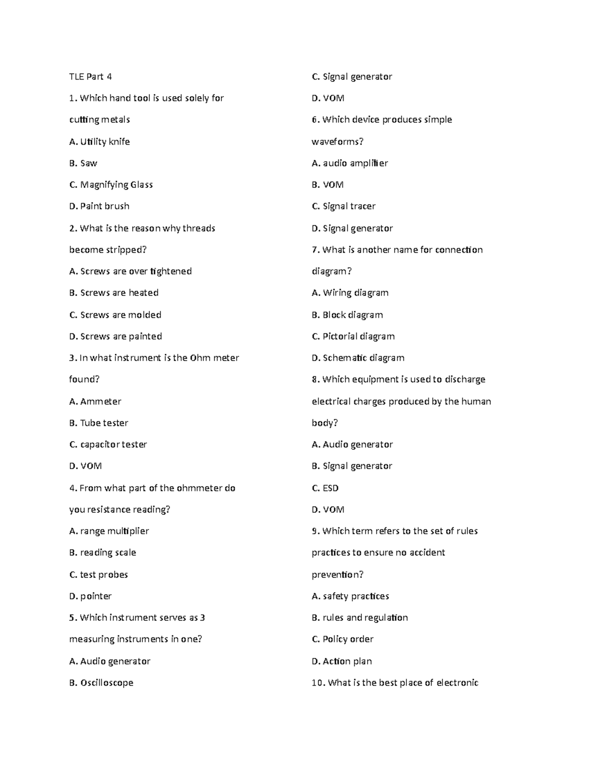 TLE 4 - Comprehensive Review Questions for TLE Activity - Studocu