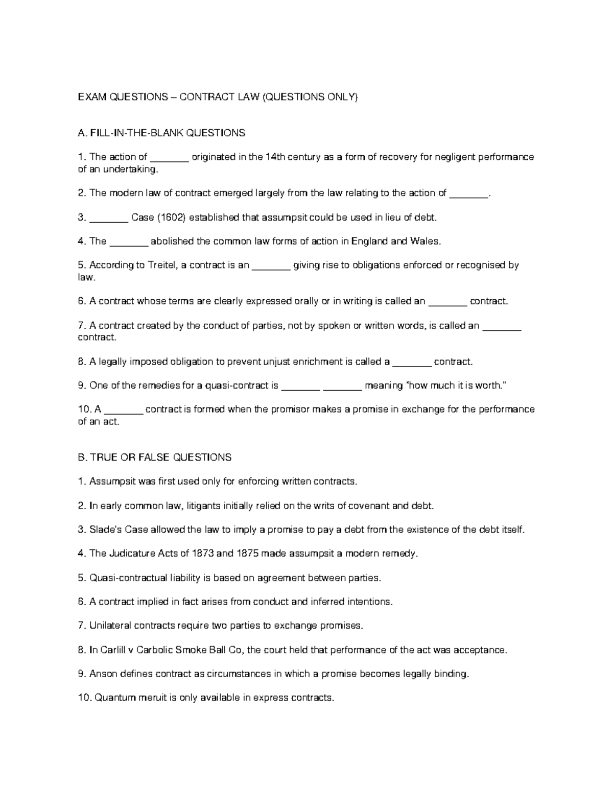 Contract Law Exam Questions (Questions Only) - Studocu