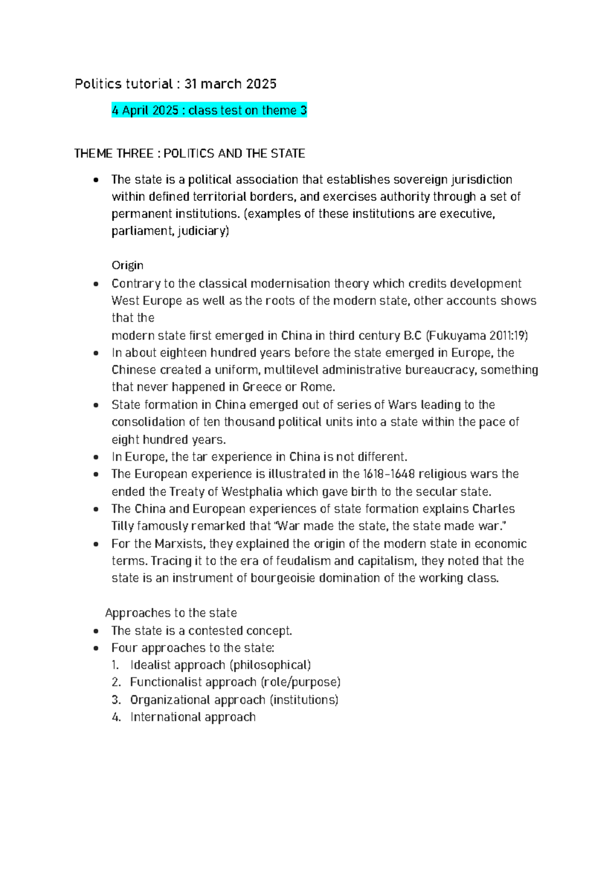 Politics Tutorial: Class Test on Theme 3 - Politics and the State - Studocu