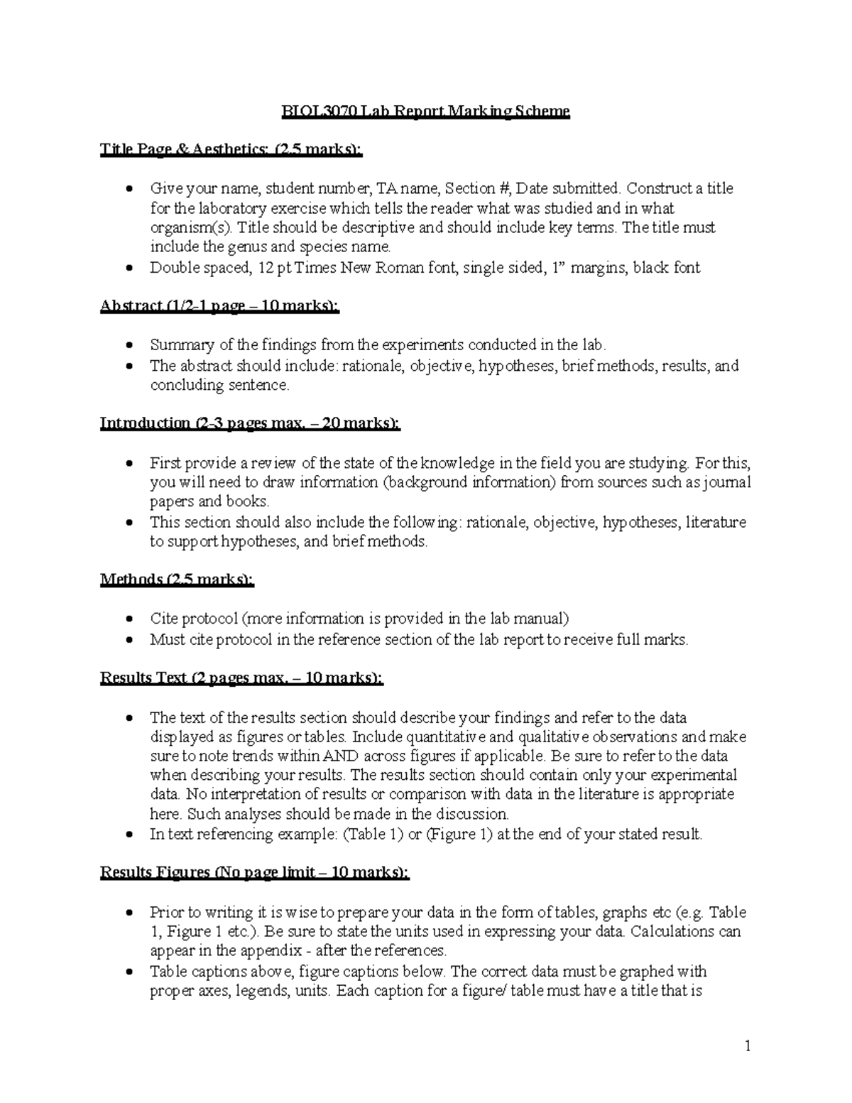 BIOL3070 Lab Report Marking Scheme: Guidelines for Title & Structure ...