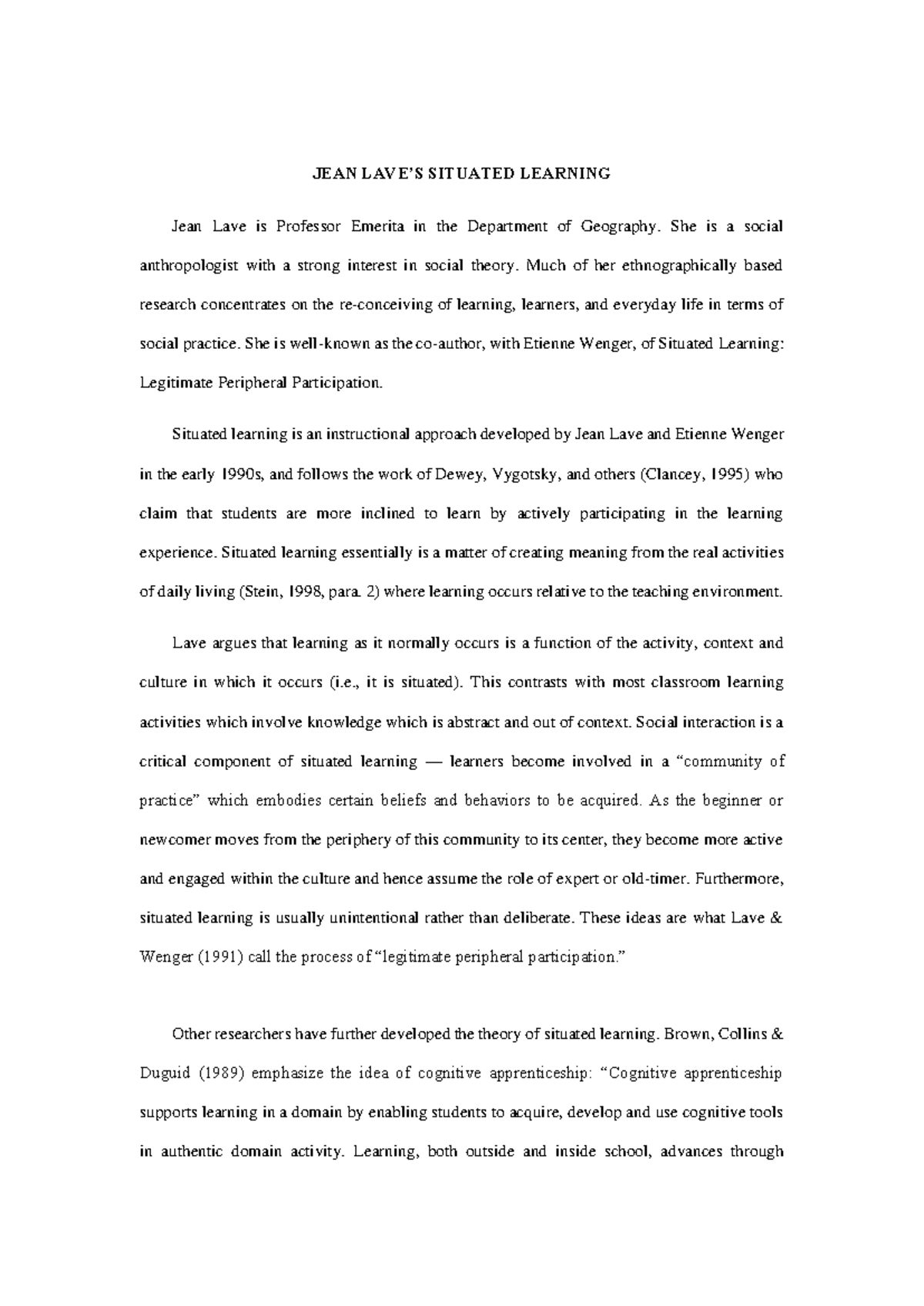 5.Jean Lave's Situated Learning Theory - JEAN LAVE’S SITUATED LEARNING ...