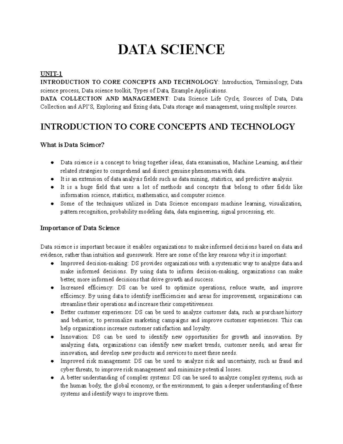 Data Science Course Notes: Unit 1 & 2 Overview and Key Concepts - Studocu