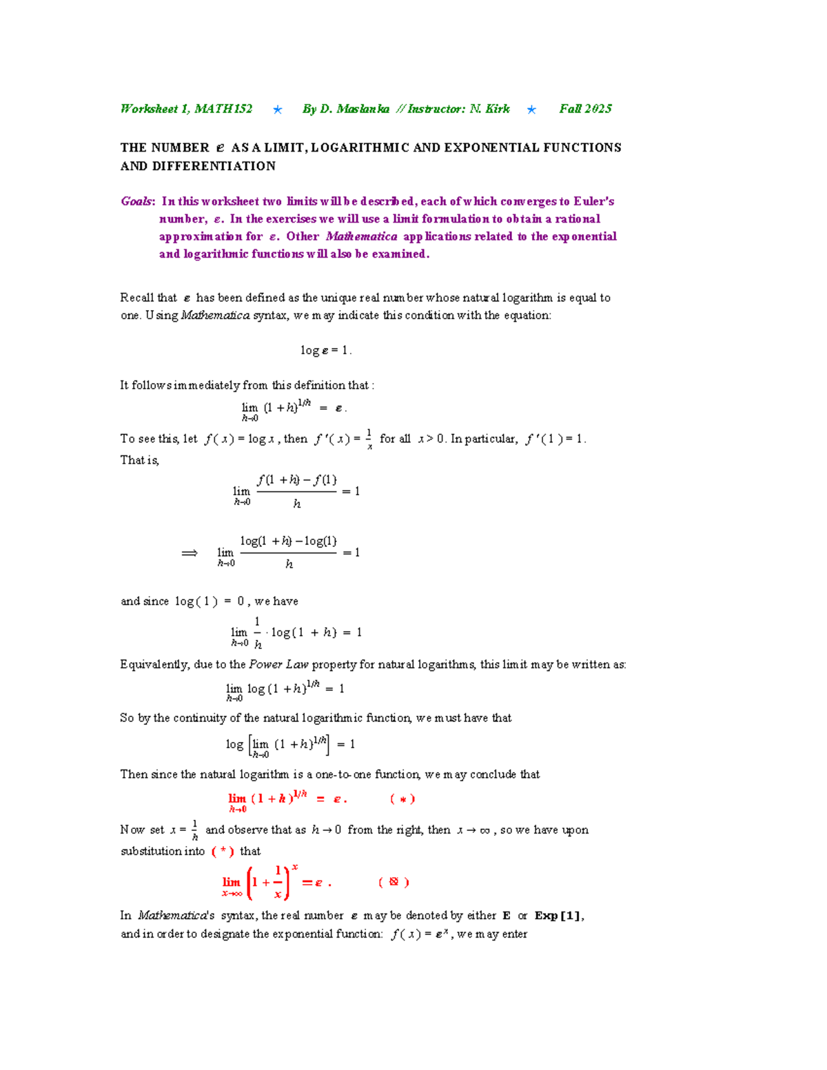 MATH152 - Worksheet 1: Limits, Logarithmic & Exponential Functions ...