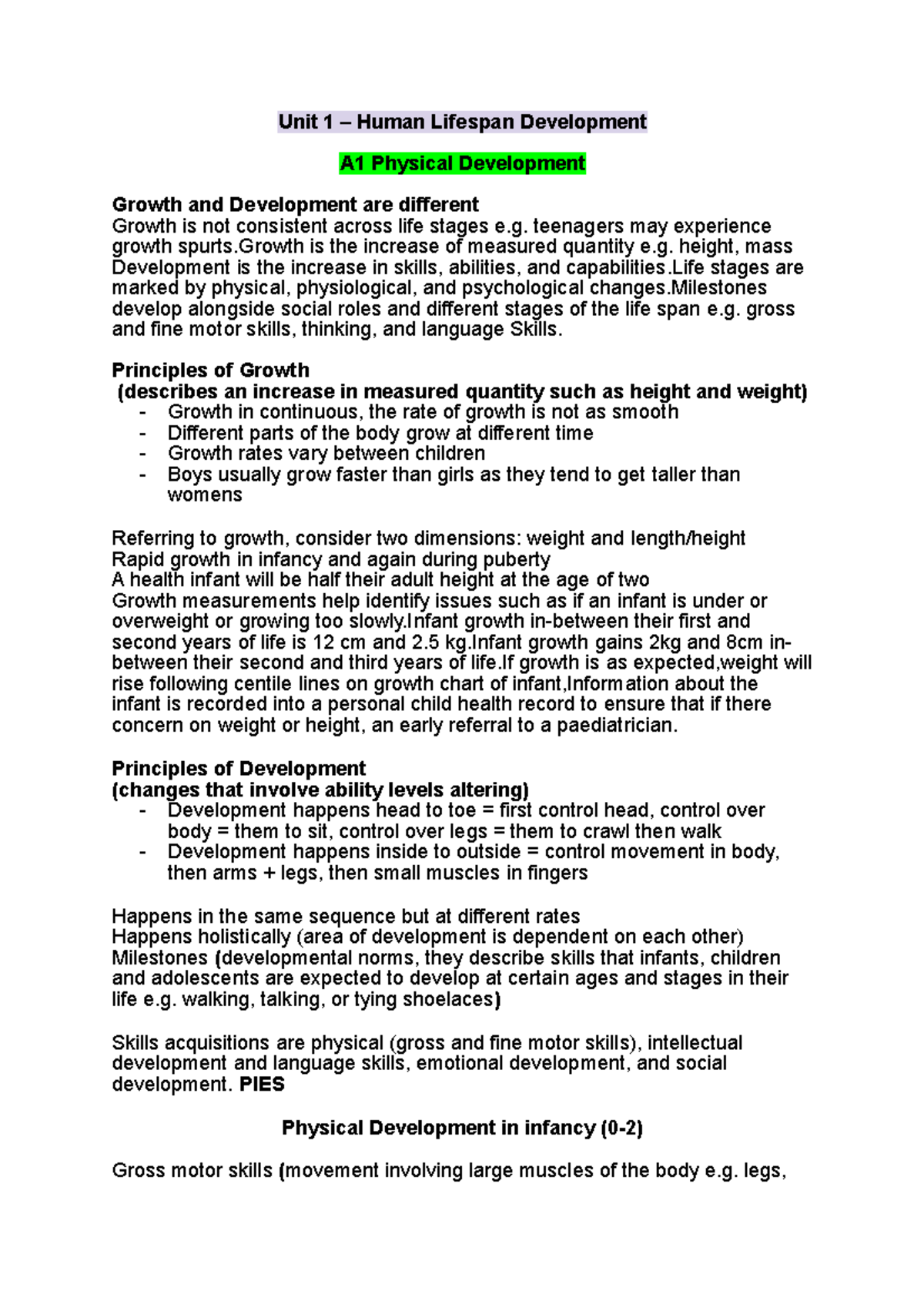 Unit 1 Notes - Human Lifespan Development in Health & Social Care - Studocu