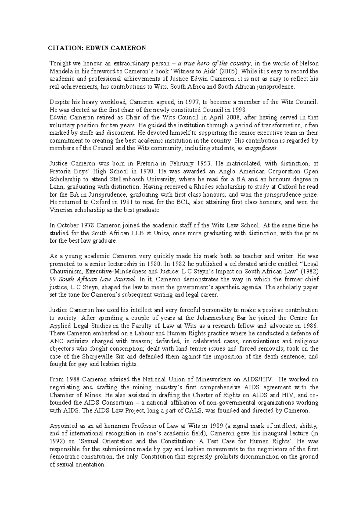 Justice Edwin Cameron: A Tribute to His Legacy and Impact - Studocu