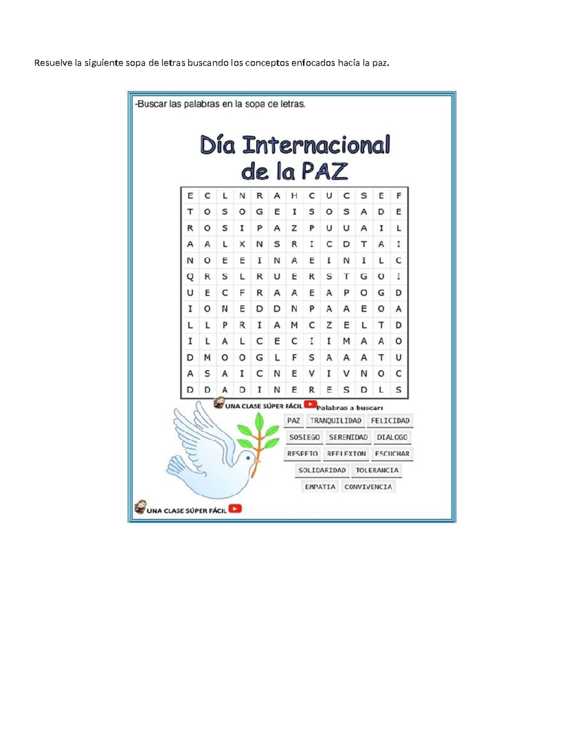 Sopa de letras de la paz - ACTIVIDAD PARA TRABJAR LA PAZ - Formacion ...