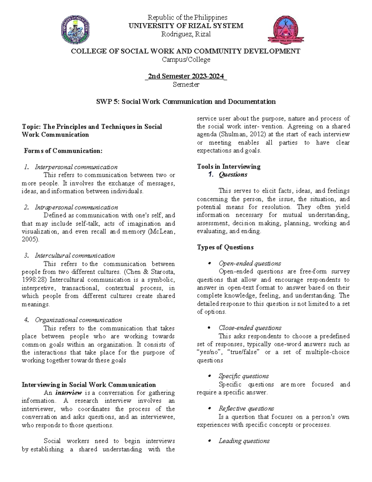 SWP 5: Principles & Techniques in Social Work Communication - Studocu