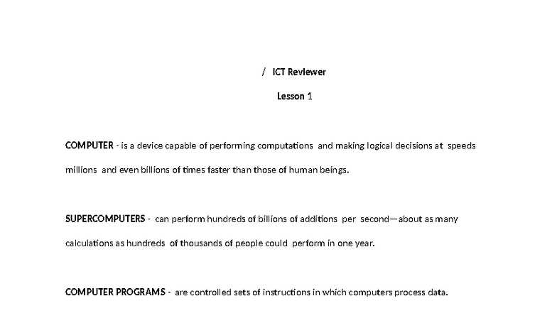 ICT Reviewer: Lesson 1 & 2 - Computers & Operating Systems - Studocu