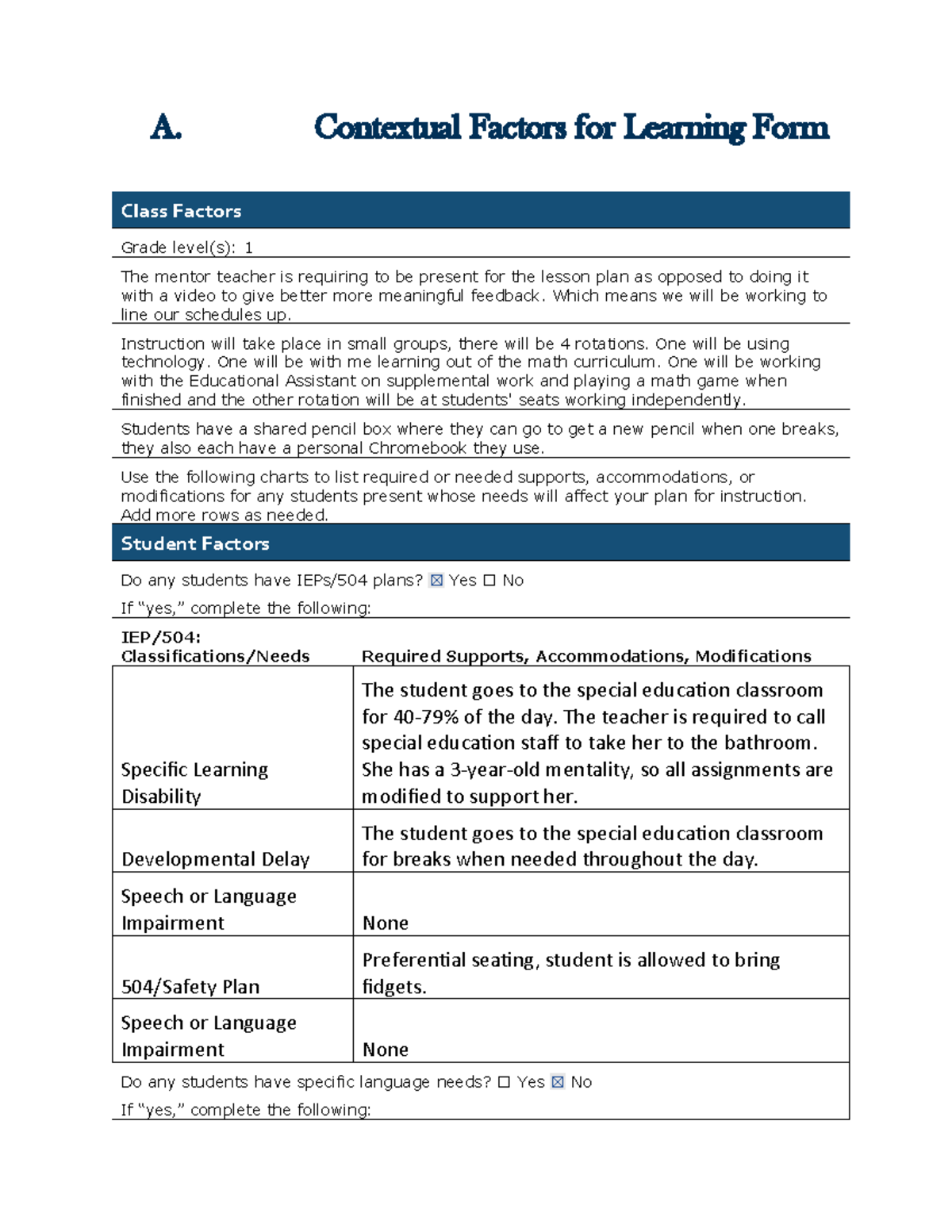 Task 1 - Passed Task 1 no revisions needed - A. Contextual Factors for ... Task 1 - Passed Task 1 no revisions needed - A. Contextual Factors for ...
