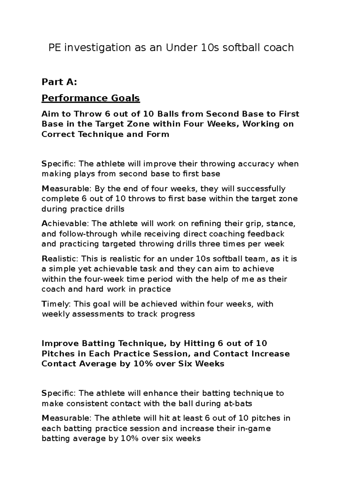 PE Investigation: Coaching Goals for Under 10s Softball Team - Studocu
