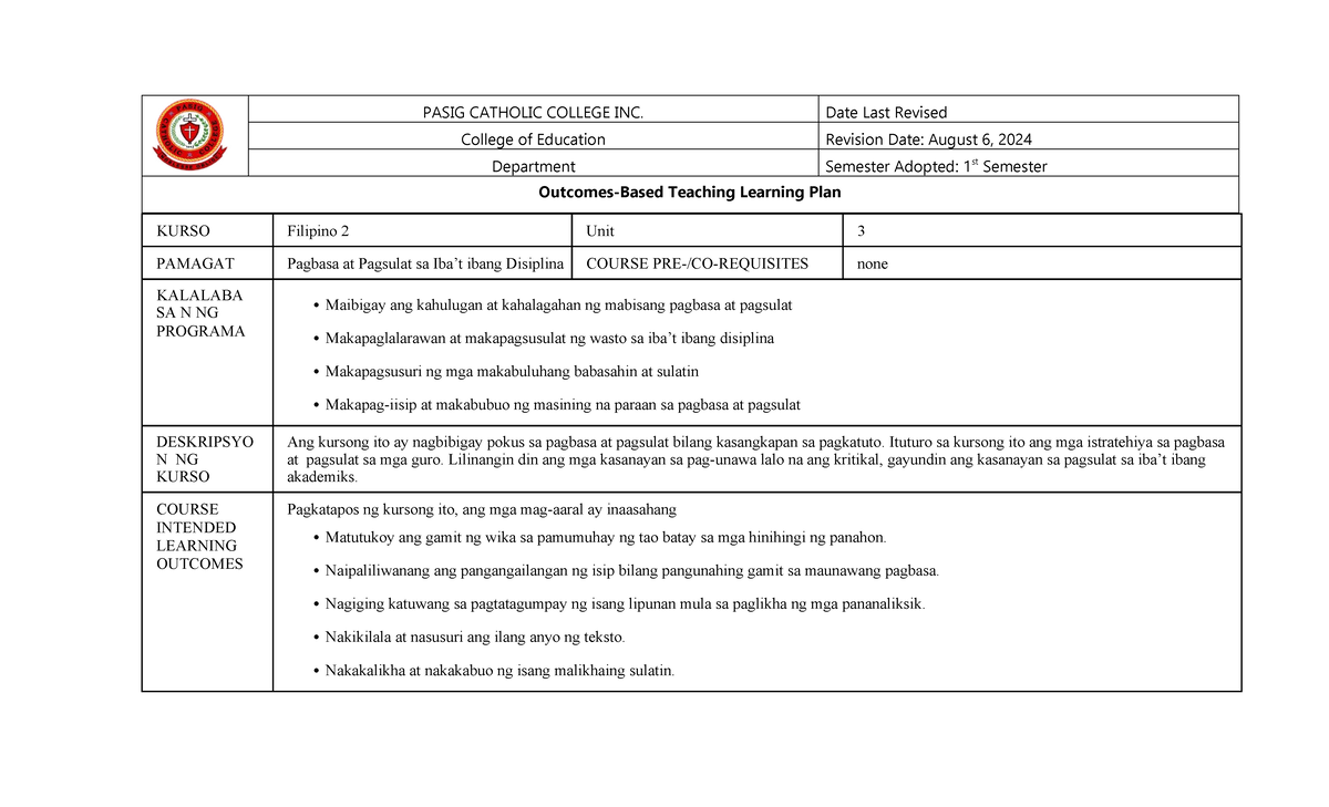 FIL2 - Pagbasa at Pagsulat: Teaching Learning Plan for 1st Sem - Studocu