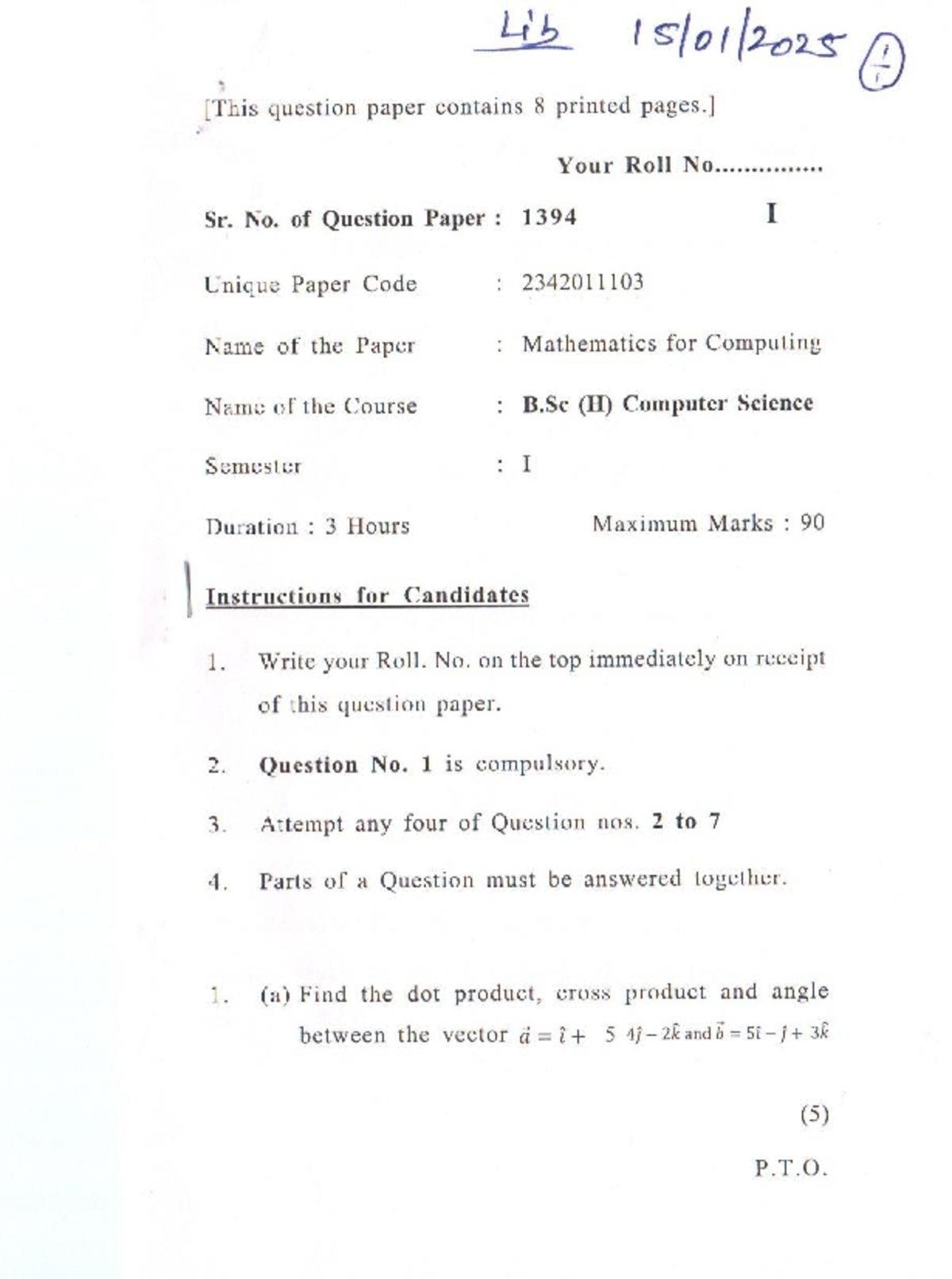B.Sc (H) Computer Science Semester I Final Exam: Mathematics for ...