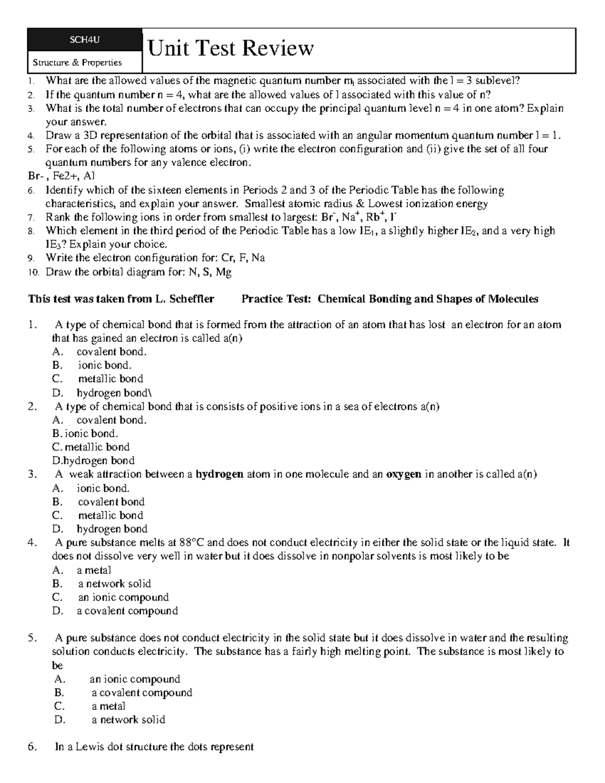 SCH4U Chemical Bonding Unit Test Review Questions & Answers - Studocu