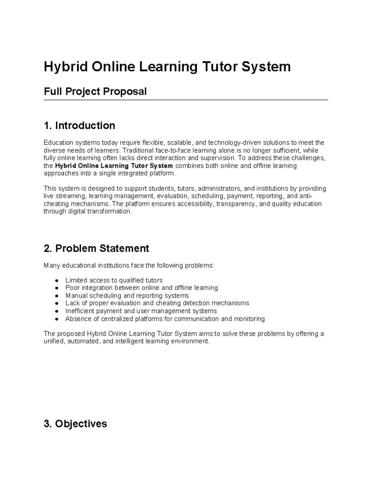 Hybrid Online Learning Tutor System Project Proposal - Studocu
