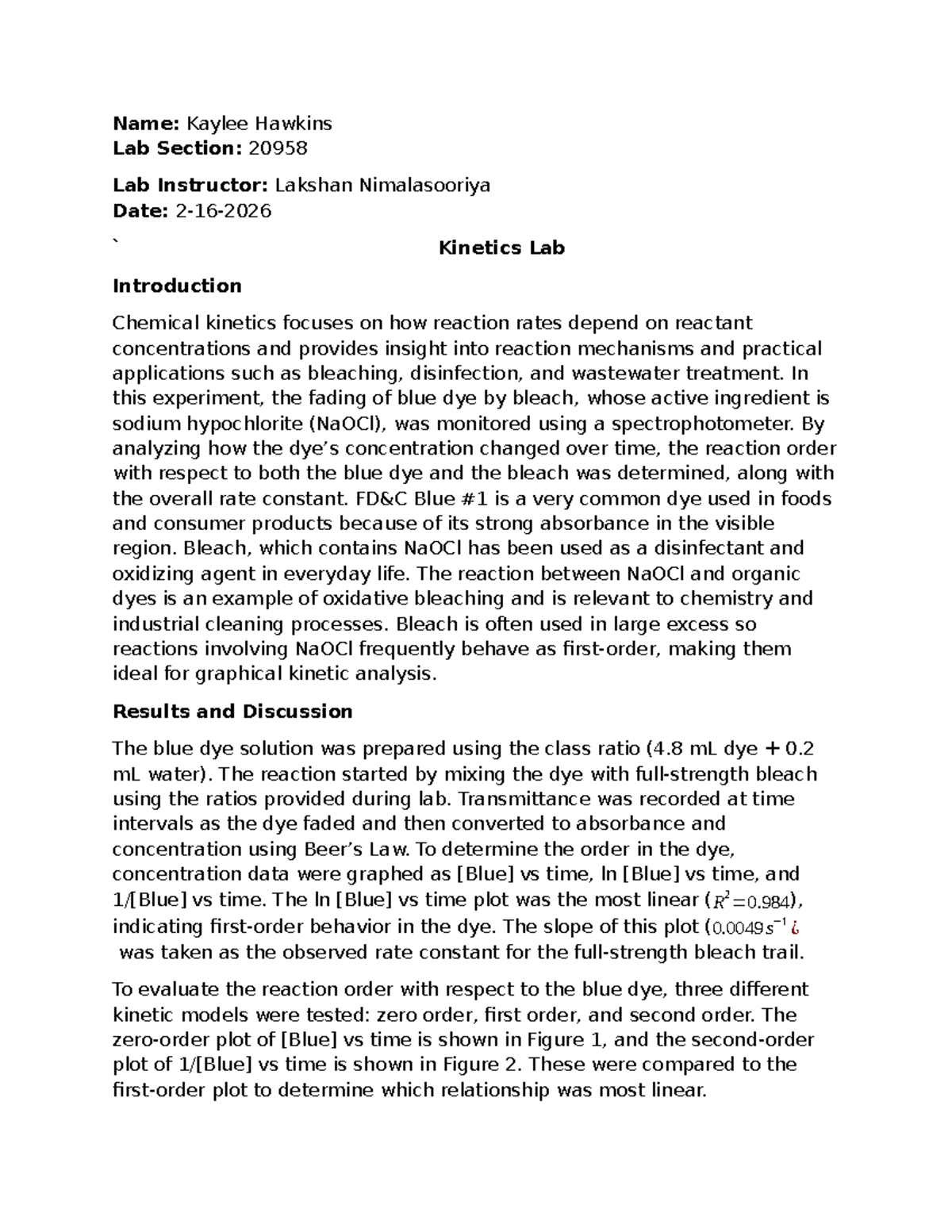 Kinetics Lab Report (CHEM 20958): Analyzing Blue Dye and Bleach ...