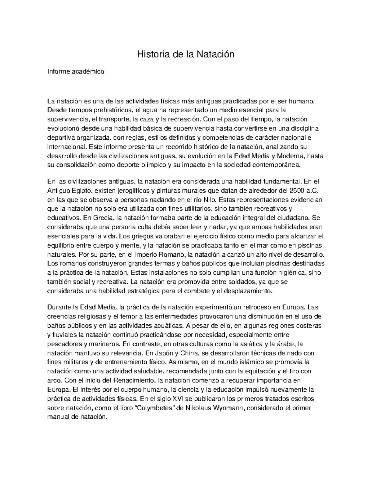 Historia de la Natación: Informe Académico sobre su Evolución - Studocu