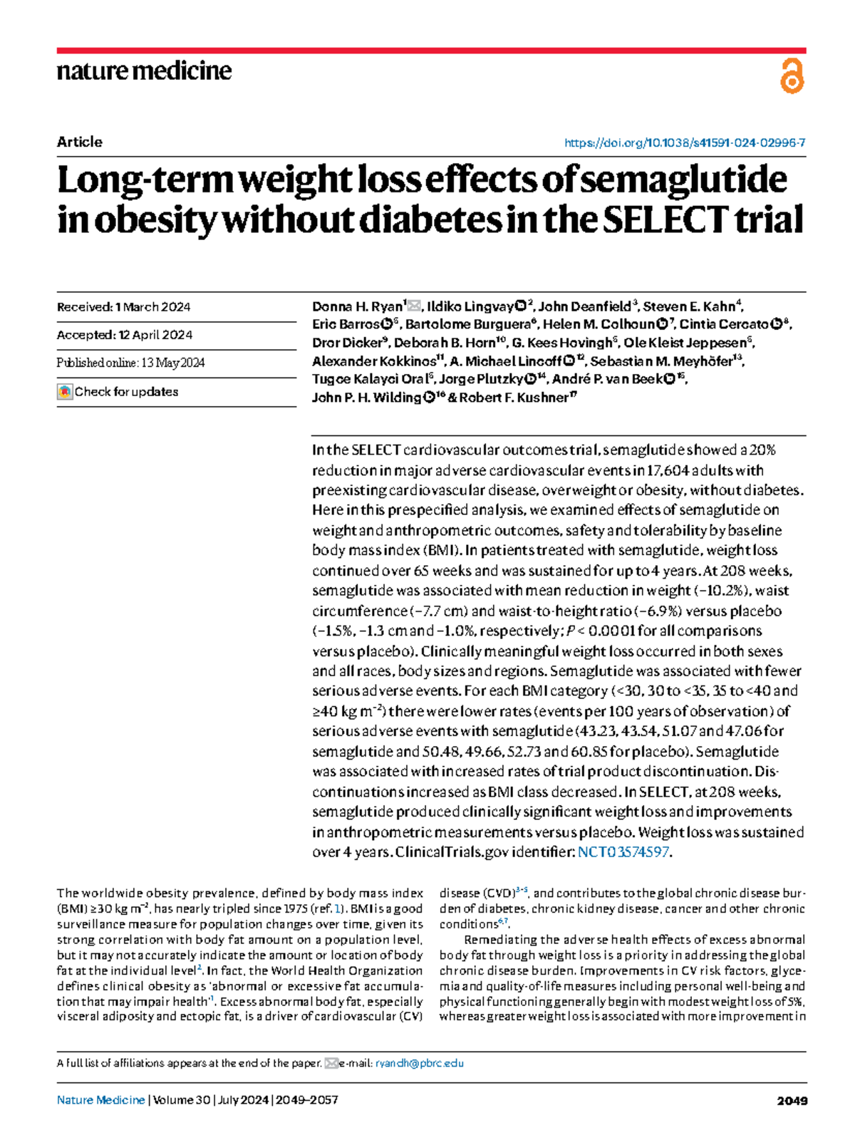 Long-term Weight Loss Effects of Semaglutide in Obesity (SELECT Trial ...