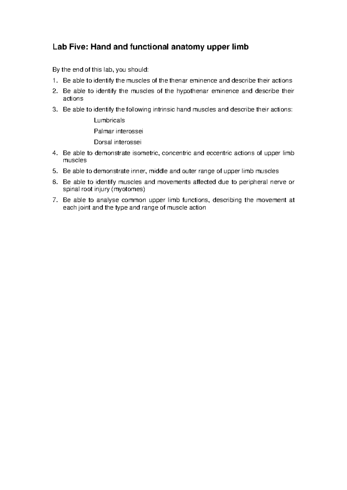 Lab 5: Upper Limb Functional Anatomy and Muscle Actions - Studocu