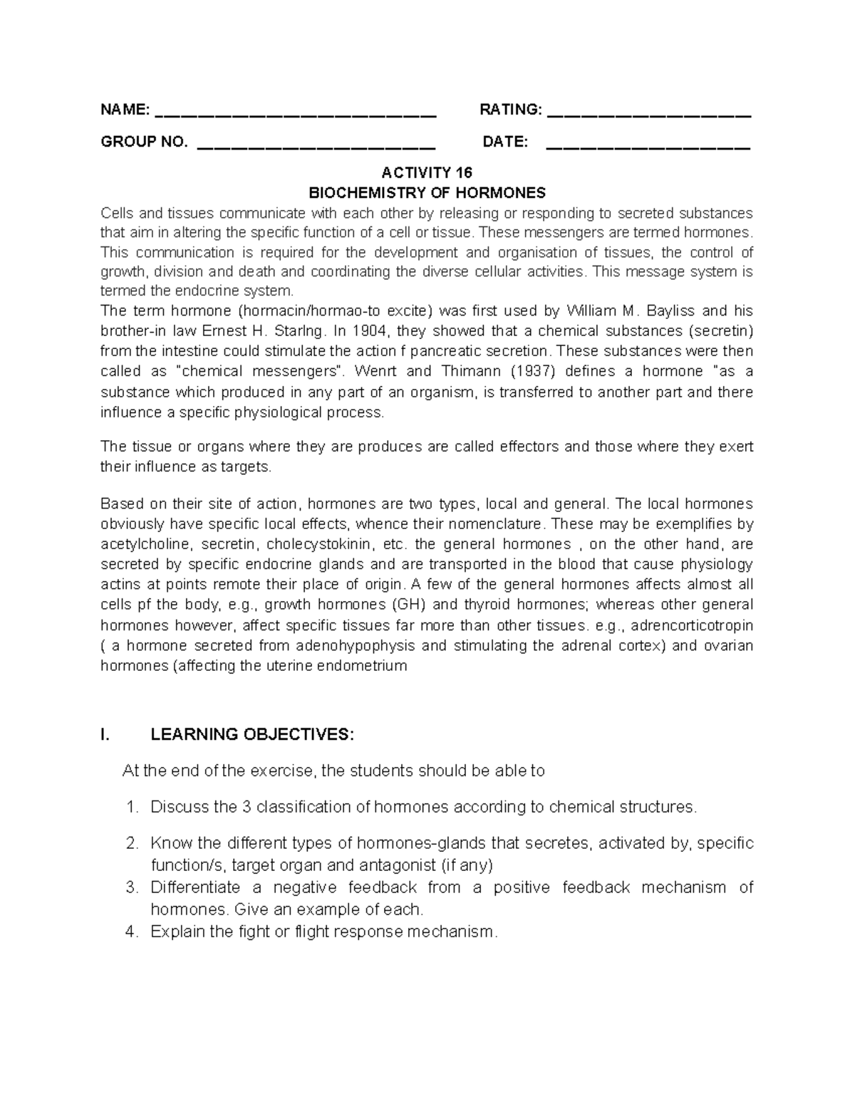 Activity 16: Understanding Hormones in Biochemistry - Studocu