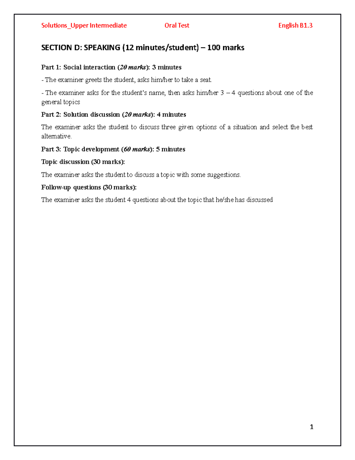 B1 - ENGLISH B1.4: Speaking Exam Structure and Practice Topics - Studocu