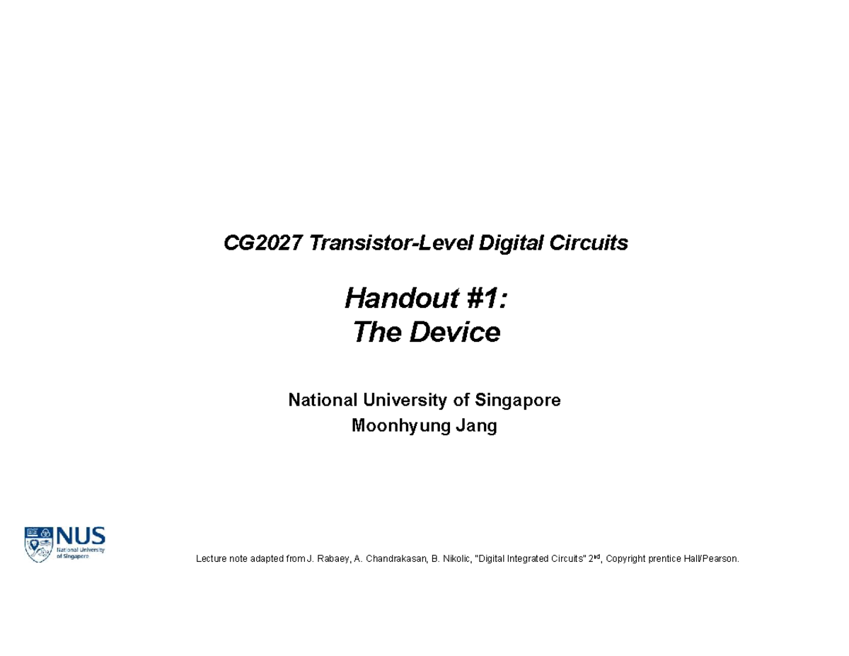CG2027 Digital Circuits Lecture Notes: Overview of Semiconductor ...