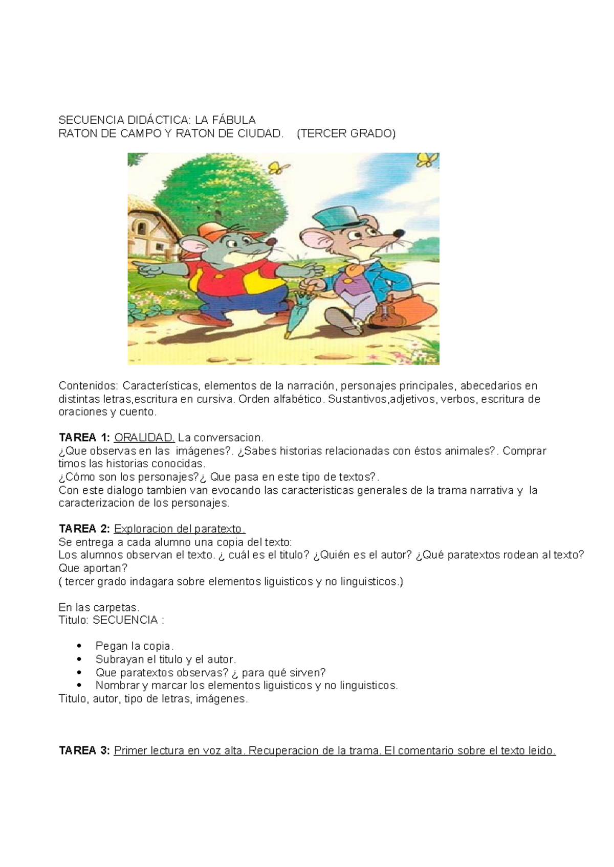 SECUENCIA DIDÁCTICA: LA FÁBULA RATÓN DE CAMPO Y RATÓN DE CIUDAD (3ER ...