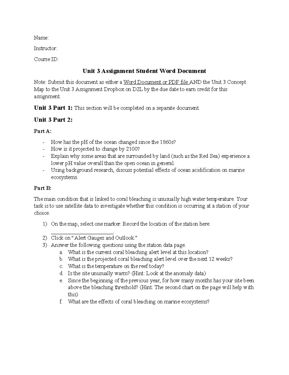 EVR1001 Unit 3 Assignment: Ocean pH & Coral Ecosystem Study - Studocu