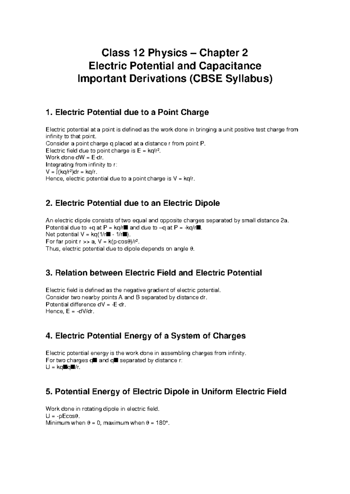 Class 12 Physics Chapter 2 Important Derivations on Electric Potential ...