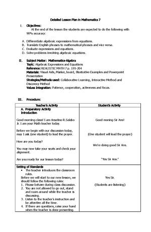 Grade-7 - lesson plan - Detailed Lesson Plan in Math (Grade 7) I ...