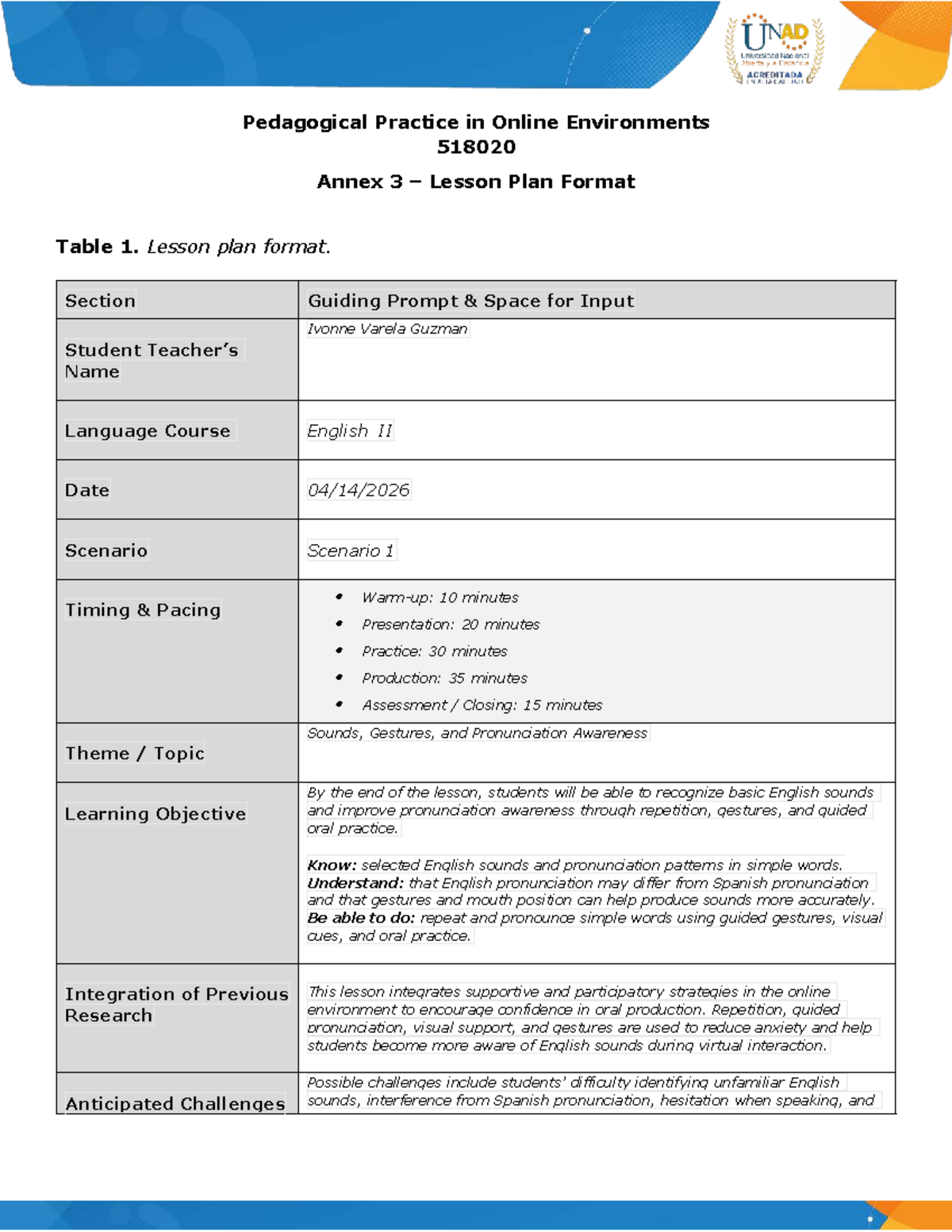518020 Online English II Lesson Plan: Pronunciation Awareness - Studocu