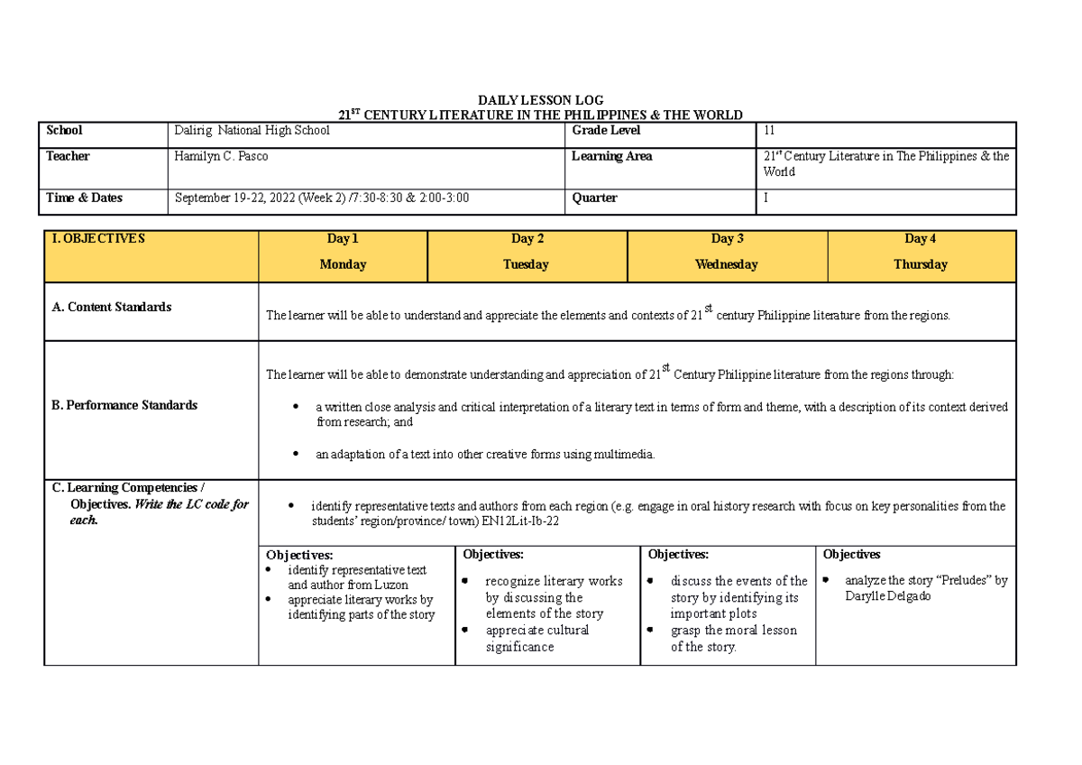 DLP 21st Century Literature Week 2 Lesson Plan and Activities - Studocu