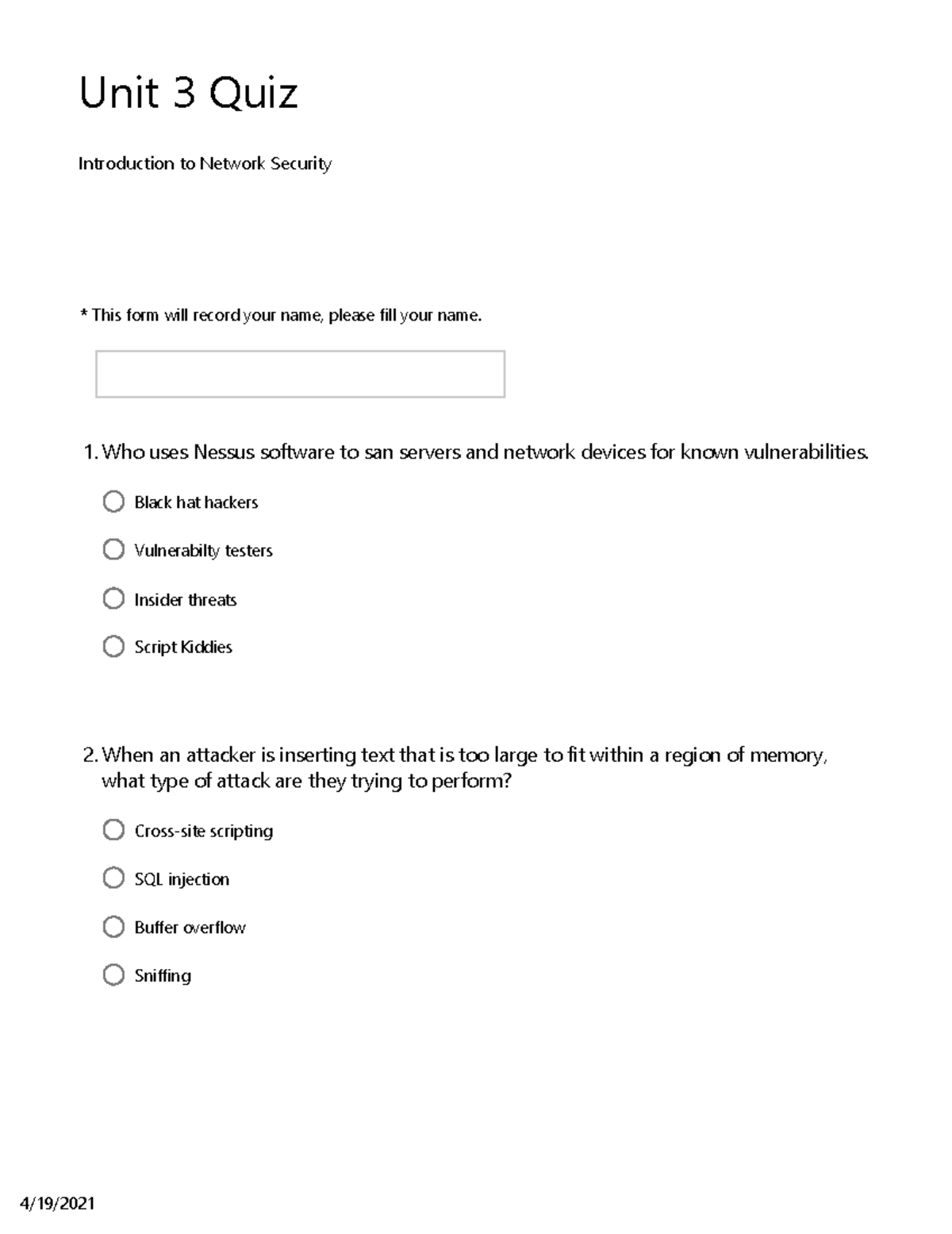 Unit 3 Quiz - Unit 3 Practice Quiz - Unit 3 Quiz Introduction to ...