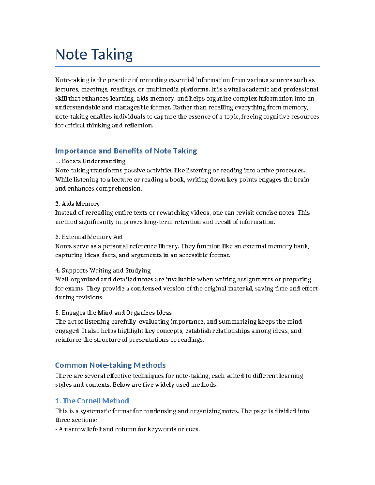 Note Taking Essay: Importance, Benefits, and Effective Methods - Studocu
