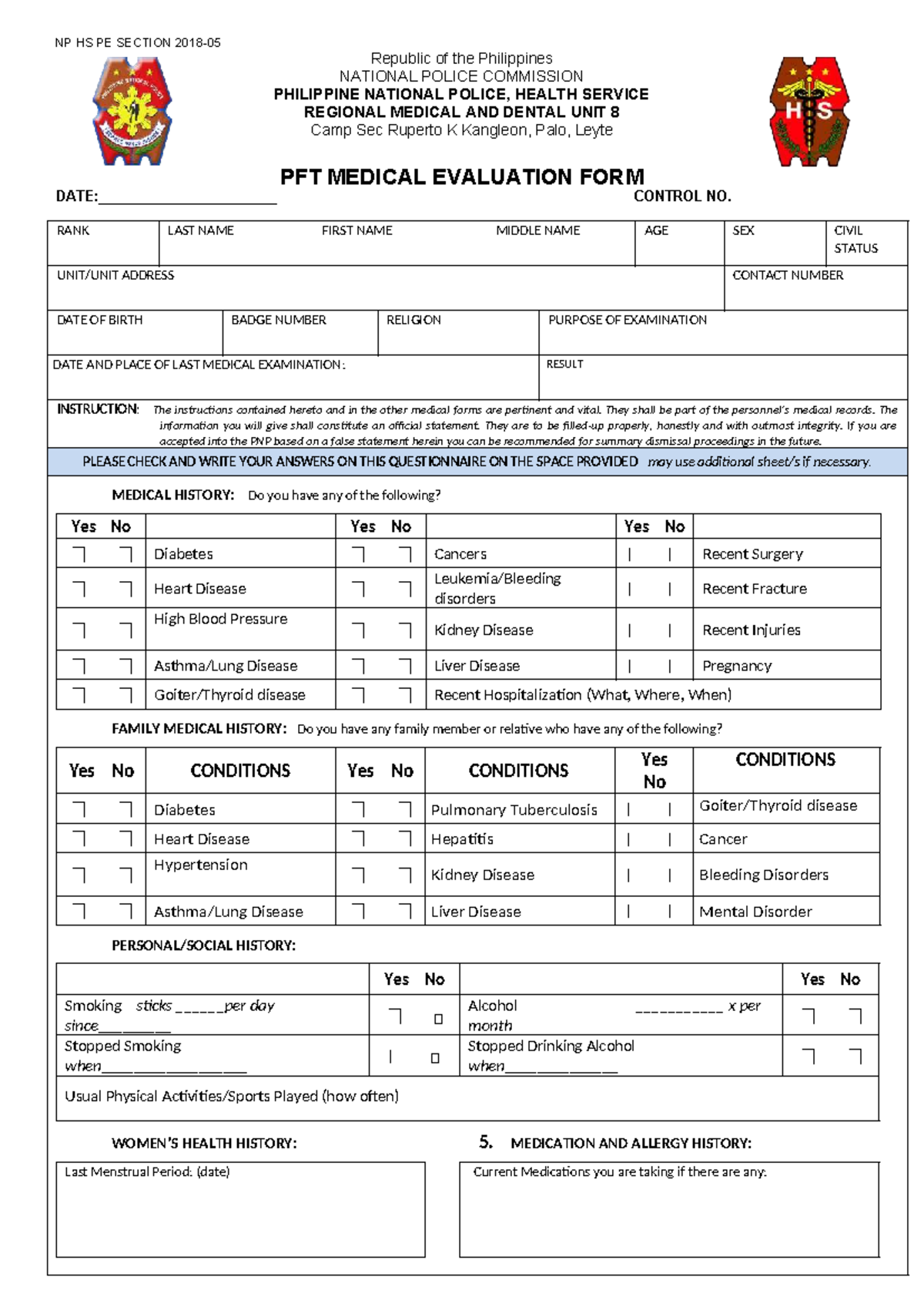 PFT Medical Evaluation Form - NP HS PE Section - Studocu