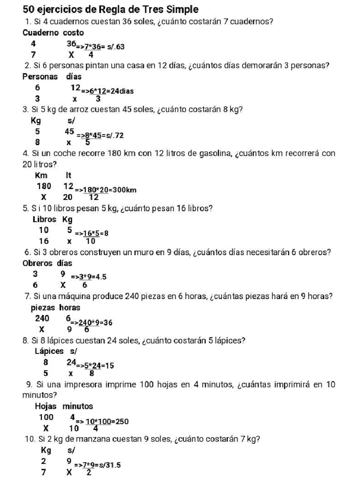 Ejercicios de Regla de Tres Simple - 50 Problemas Resueltos - Studocu