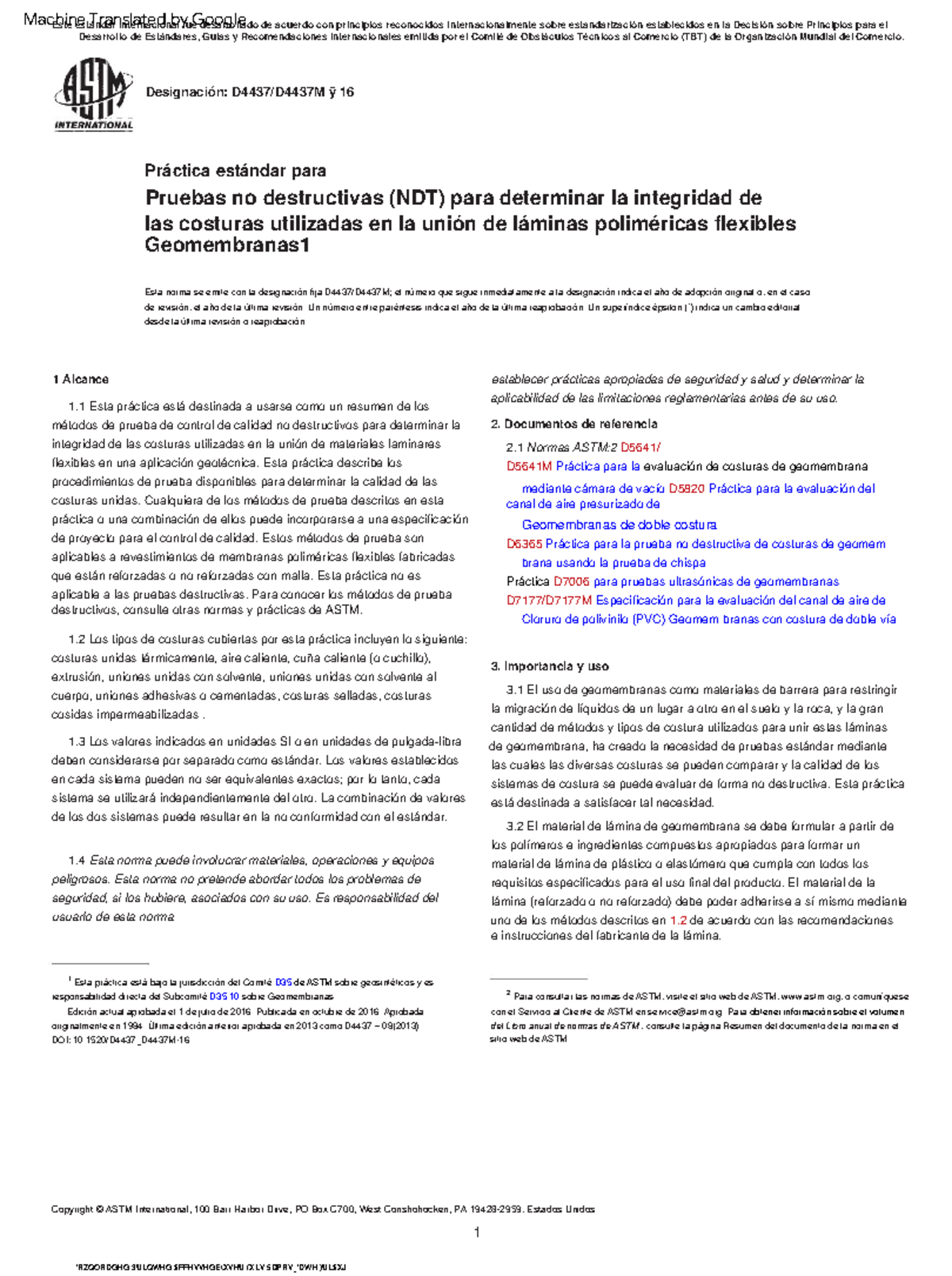 ASTM D4437 D4437M-16 Ensayos No Destructivos en Geomembranas - Studocu