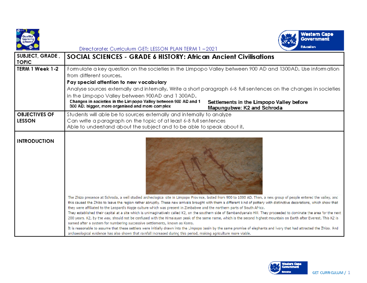 GET: Lesson Plan Grade 6 SS History Term 1 Week 1 - African ...