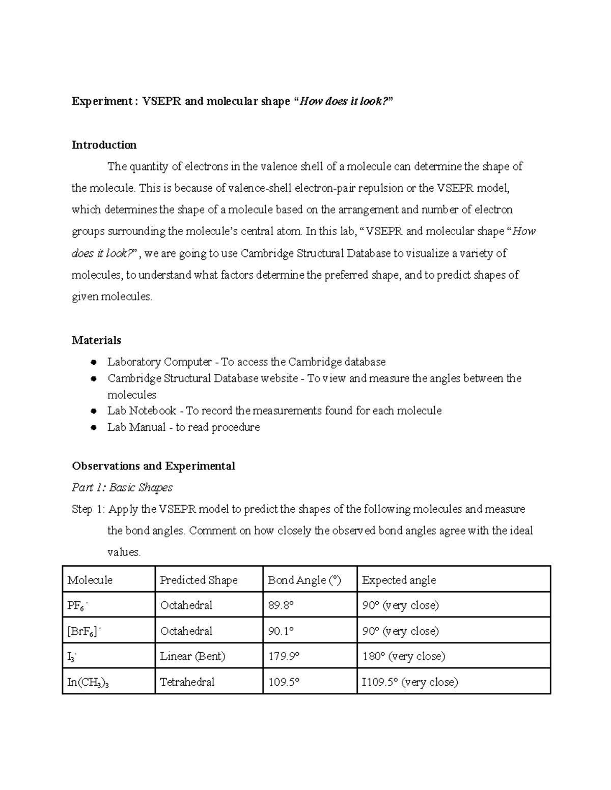 Lab 6 - VSEPR Model and Molecular Shape Analysis Report - Studocu