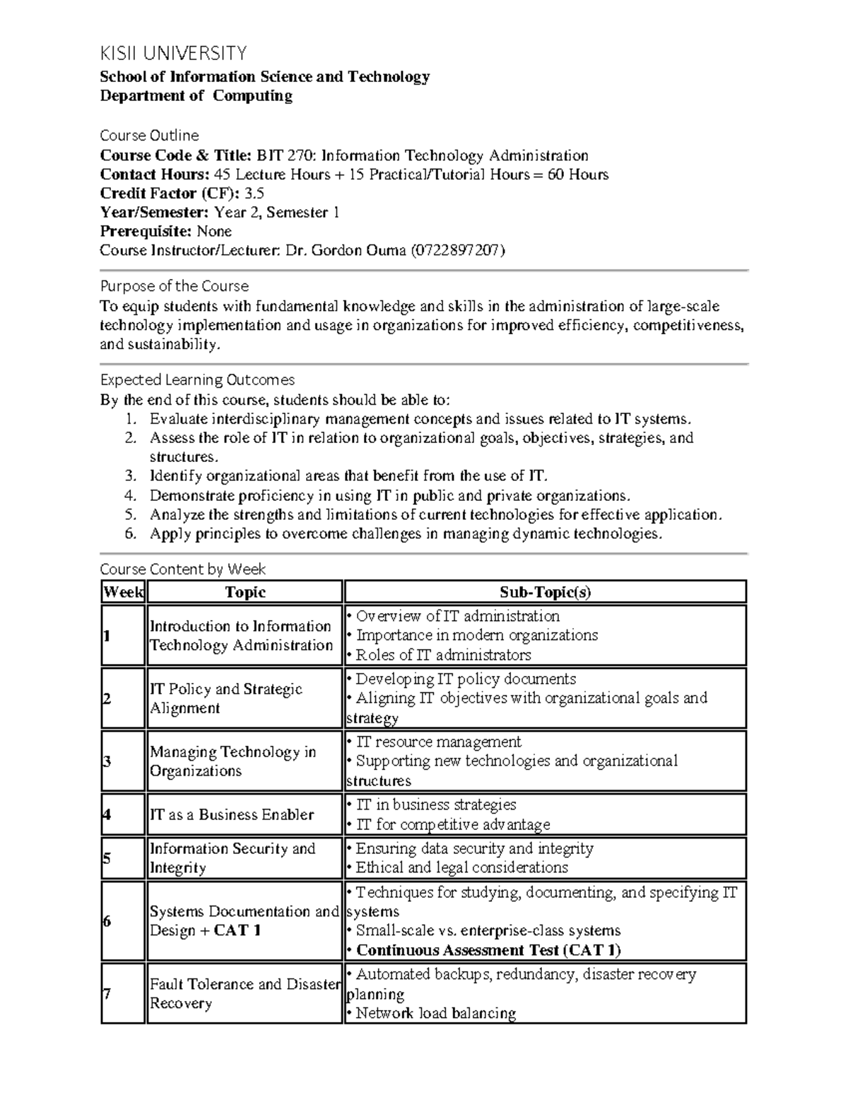 BIT 270 Course Outline: Information Technology Administration - Studocu