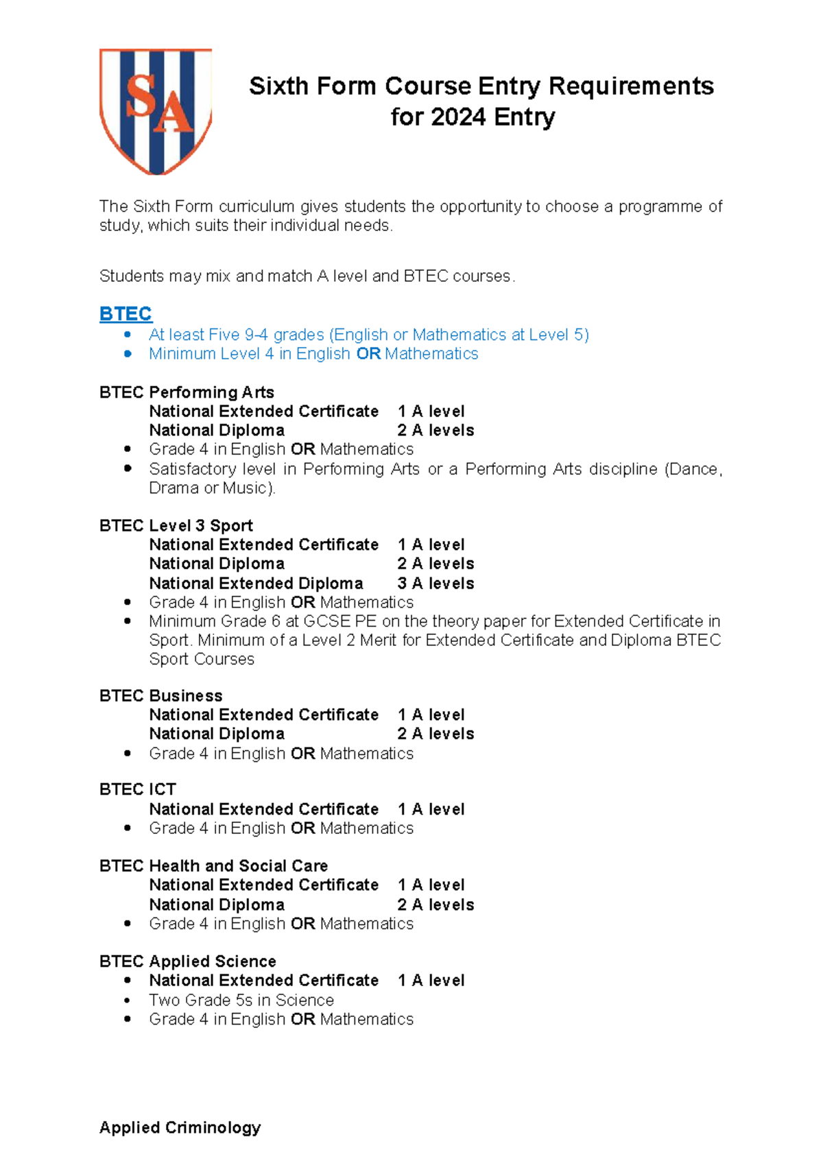 Sixth Form Course Entry Requirements (2024) - Studocu