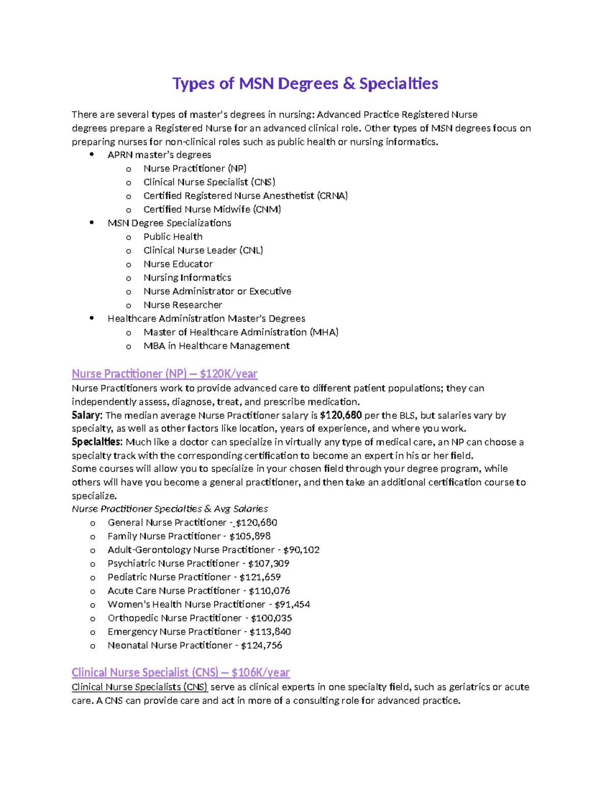 Types of MSN Degrees and Specialties Overview - Studocu